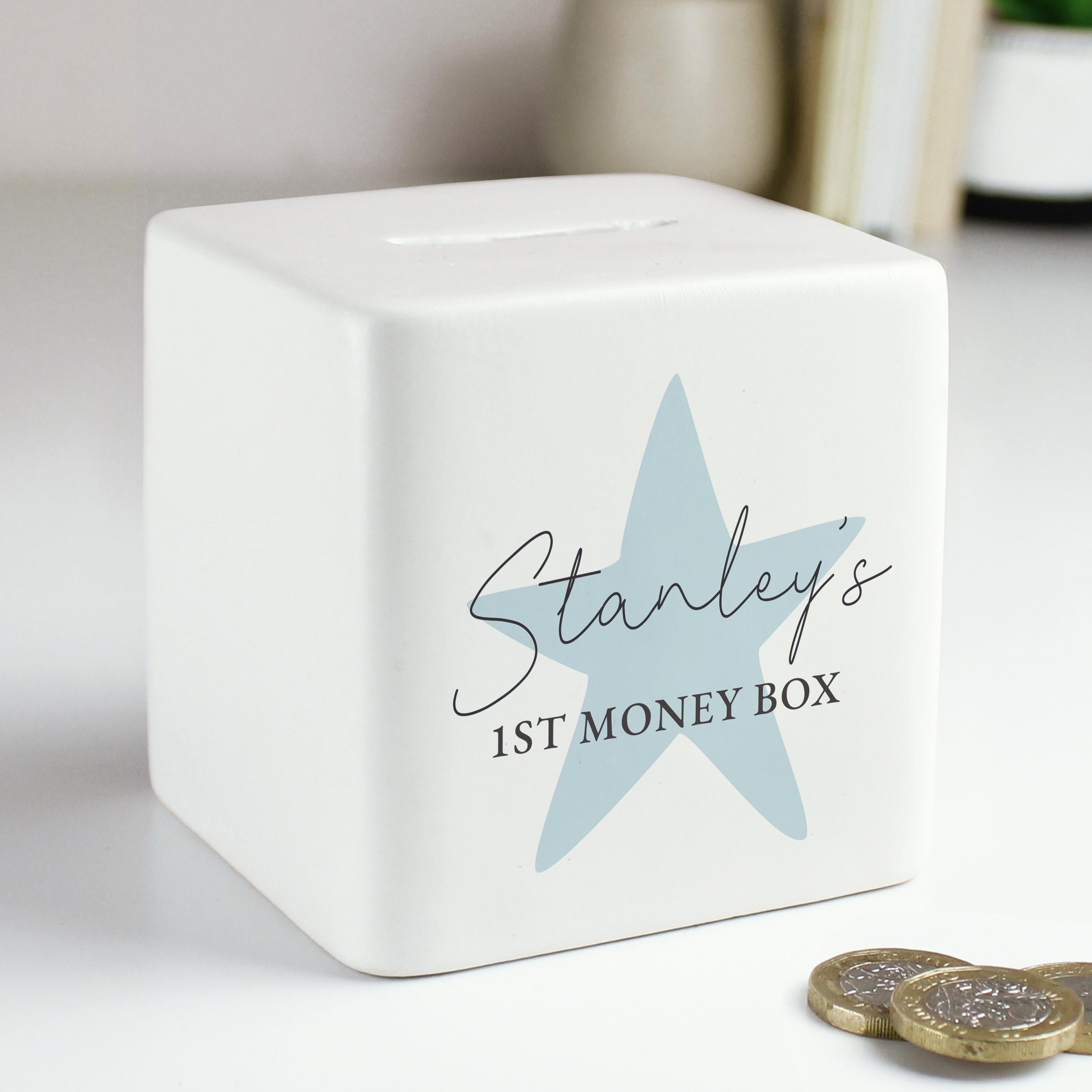 Personalised Blue Star Ceramic Square Money Box – The Personal Shop