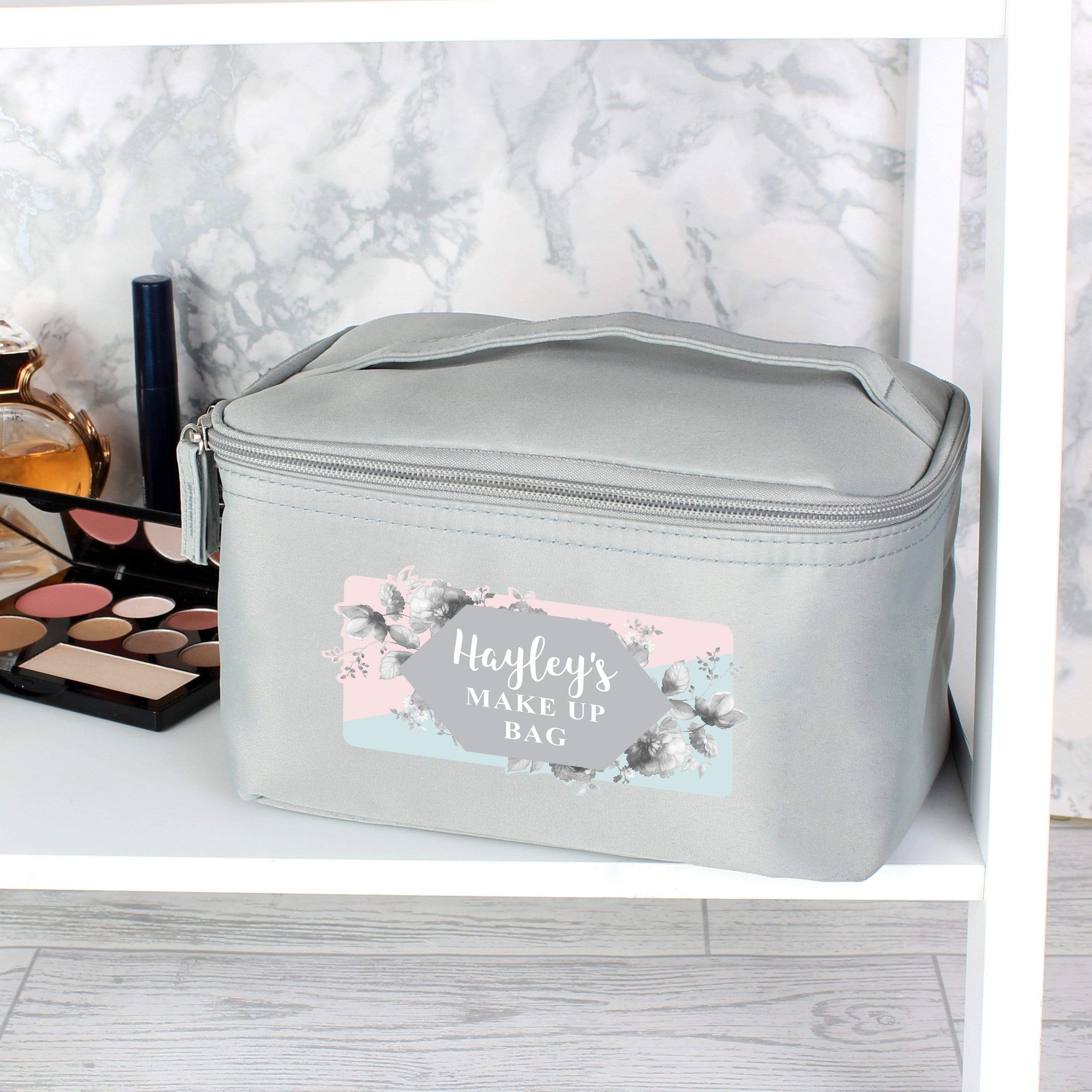 Personalised Floral Grey Vanity bag Delivered | The Personal Shop