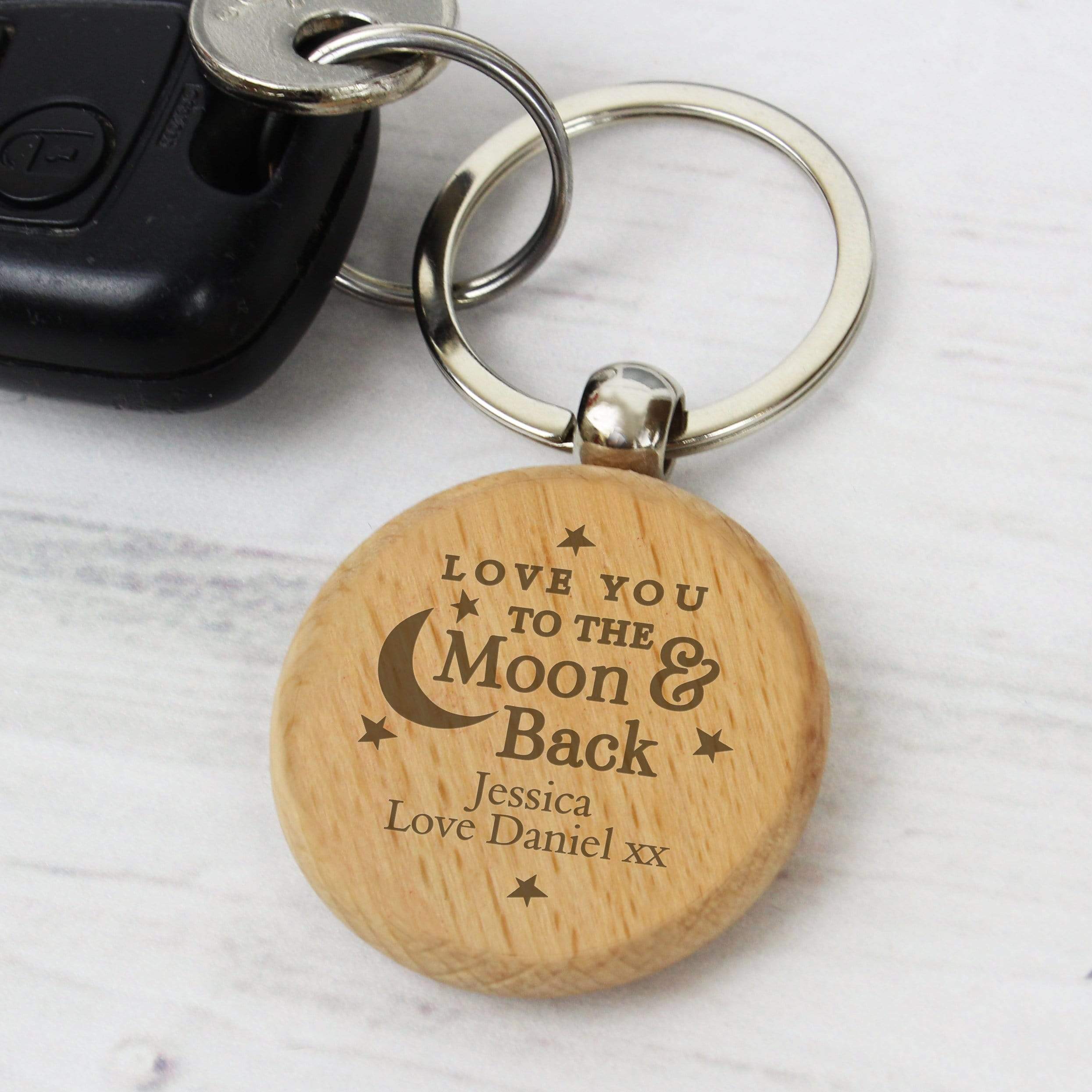 Personalised Moon & Back Wooden Keyring Delivered | The Personal Shop